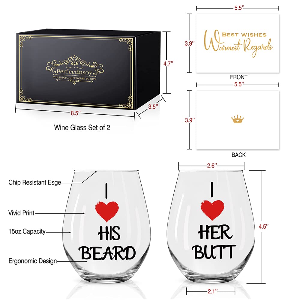 Perfectinsoy I Like His Beard, I Like Her Butt Wine Glass Set of 2, Wedding Gifts for Husband, Wife, Bride, Groom, Soulmate, His and Her Anniversary, Engagement Anniversary, Bridal Showers