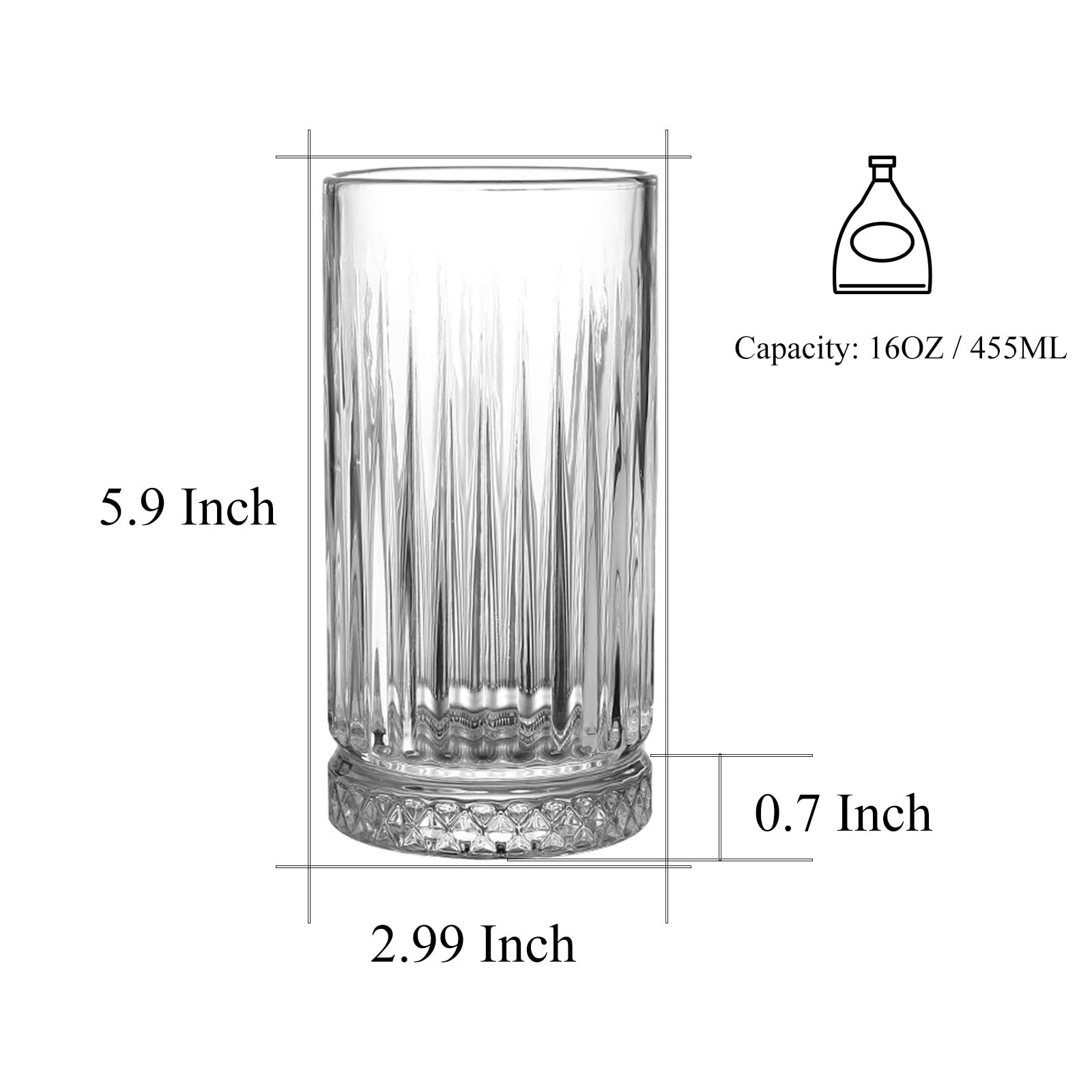 Tall Drinking Glasses Set of 4-16oz Glass Cups for Kitchen - Elegant Highball Glassware for Water, Ice Coffee, Cocktail, Cold Beverage