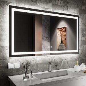 amorho led bathroom mirror 55"x 30", backlit + front-lighted vanity mirror, dimmable bathroom mirrors for wall, anti-fog, memory, 3 colors, double led lights, shatter-proof, etl listed