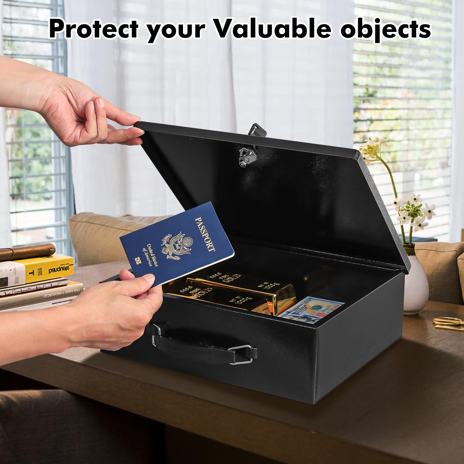 KYODOLED Fireproof Document Box with Key Lock,Safe Storage Box for Valuables,Fire Resistance Security Chest,Fireproof Box for Documents,Passport,Cash,Tablet,Exterior 12.8'' x 8.4'' x 4.5'' Black