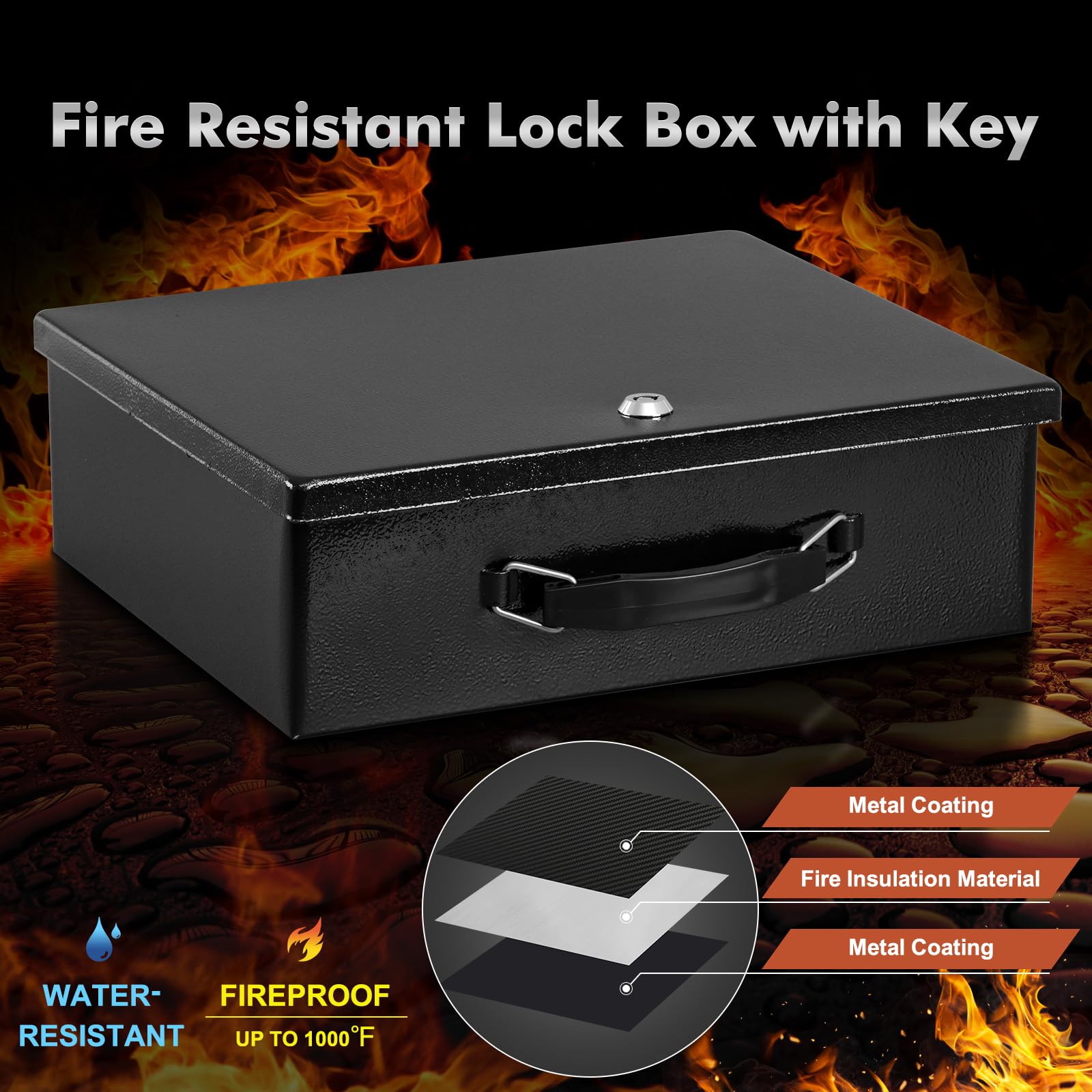 KYODOLED Fireproof Document Box with Key Lock,Safe Storage Box for Valuables,Fire Resistance Security Chest,Fireproof Box for Documents,Passport,Cash,Tablet,Exterior 12.8'' x 8.4'' x 4.5'' Black