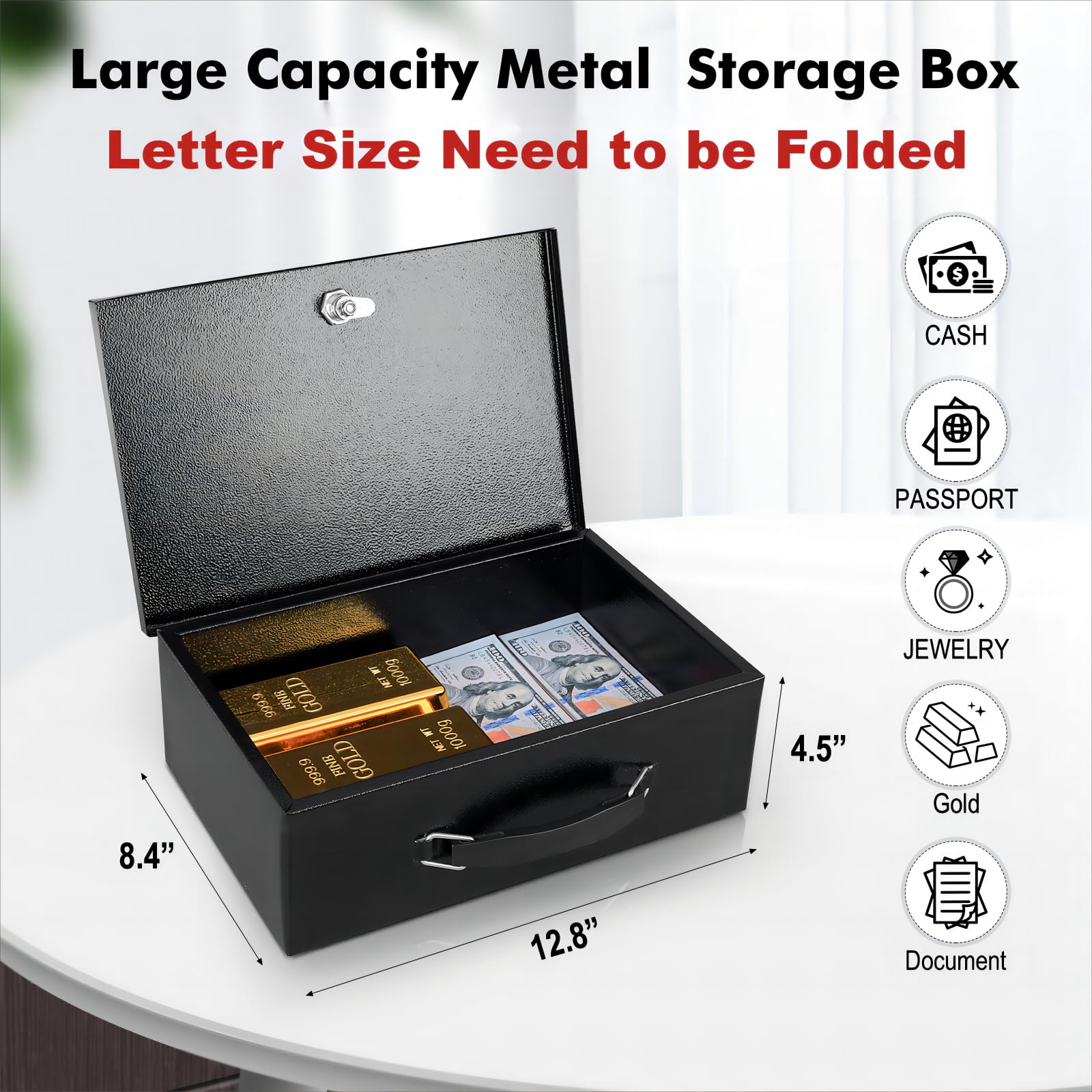 KYODOLED Fireproof Document Box with Key Lock,Safe Storage Box for Valuables,Fire Resistance Security Chest,Fireproof Box for Documents,Passport,Cash,Tablet,Exterior 12.8'' x 8.4'' x 4.5'' Black