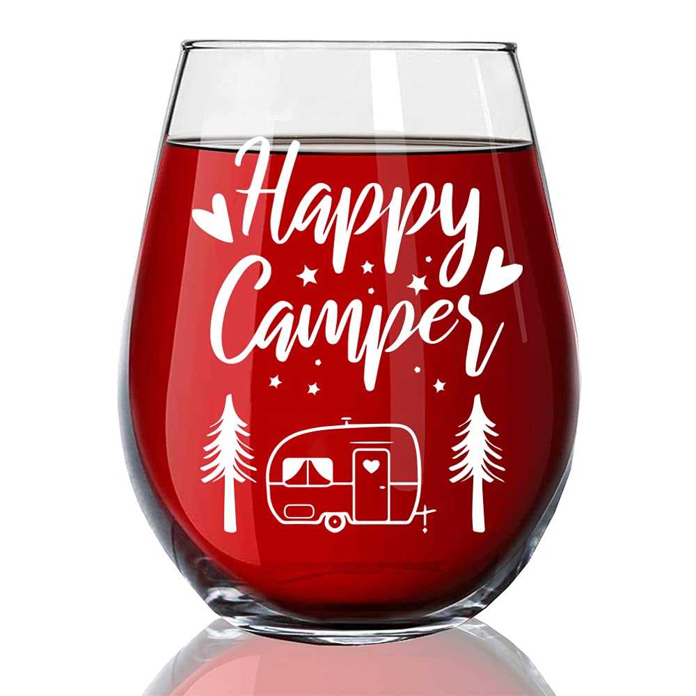 DYJYBMY Happy Camper Funny Wine Glass Birthday Gifts for Women Sister BFF Cute Camping Gifts for Women Her Friend Glamping RV Kitchen AccessoriesThanksgiving Christmas Graduation Gifts