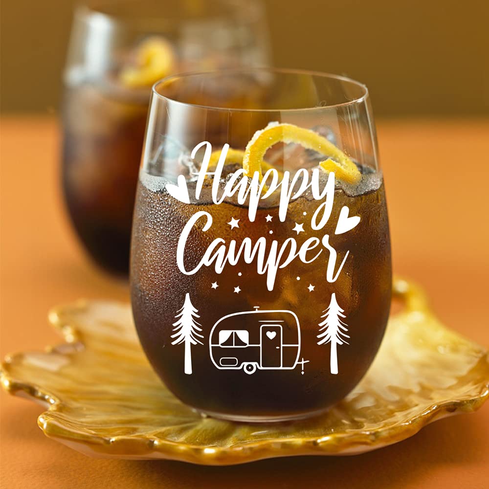 DYJYBMY Happy Camper Funny Wine Glass Birthday Gifts for Women Sister BFF Cute Camping Gifts for Women Her Friend Glamping RV Kitchen AccessoriesThanksgiving Christmas Graduation Gifts