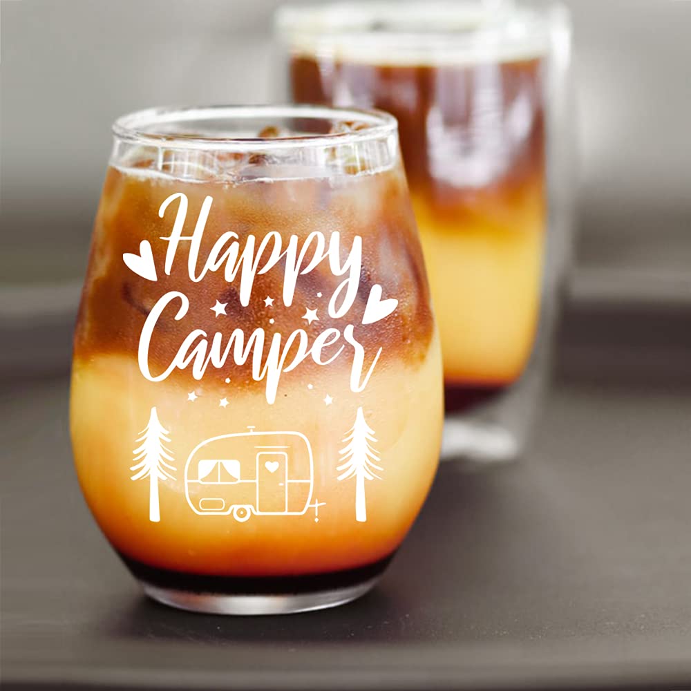 DYJYBMY Happy Camper Funny Wine Glass Birthday Gifts for Women Sister BFF Cute Camping Gifts for Women Her Friend Glamping RV Kitchen AccessoriesThanksgiving Christmas Graduation Gifts