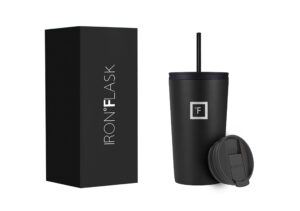 iron °flask classic tumbler 2.0-2 lids (straw flip), vacuum insulated stainless steel water bottle, double walled, thermos travel mug - midnight black, 16 oz, mothers day gifts for mom