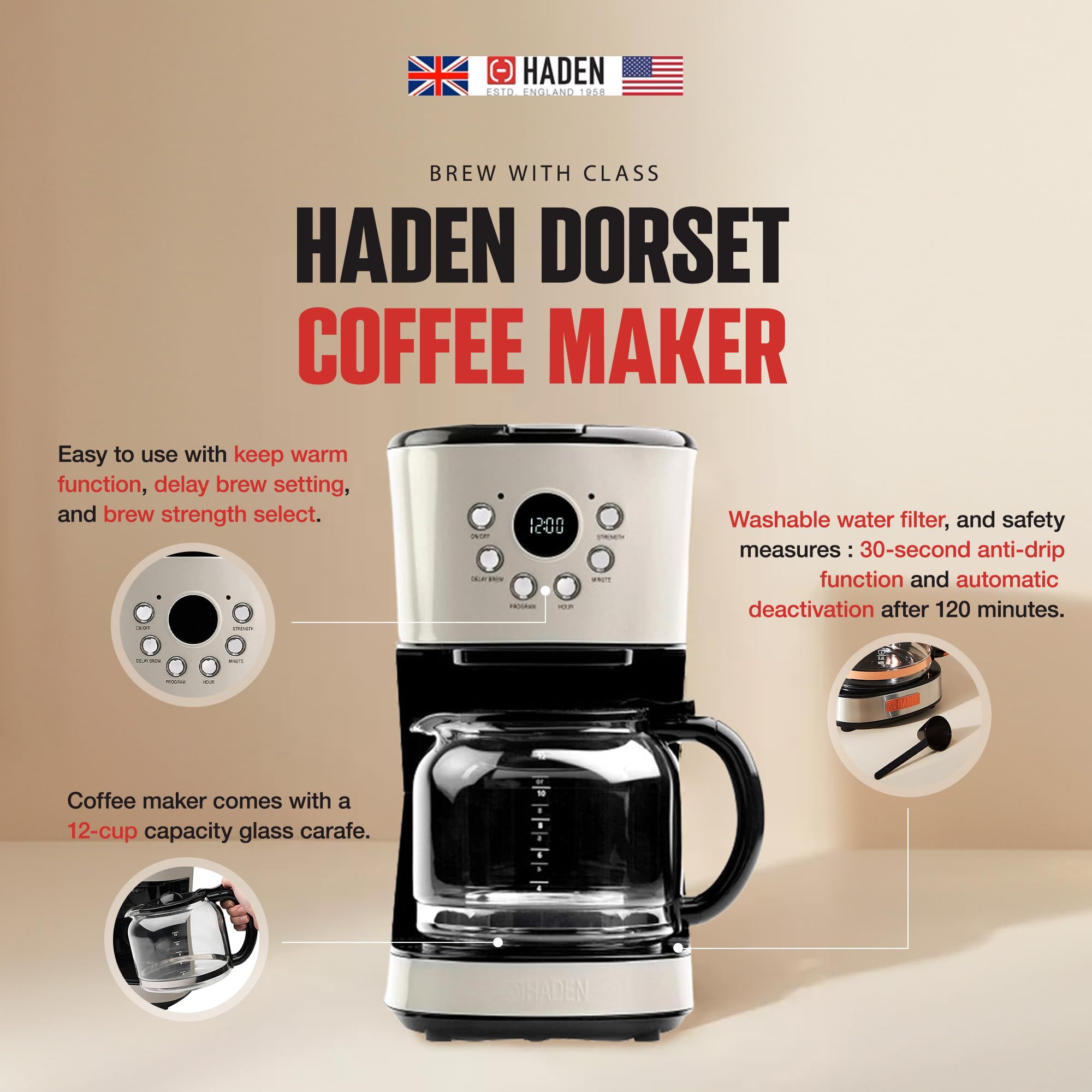 HADEN Retro Style 12 Cup Programmable Home Coffee Maker Machine with Carafe and Wide Slot Stainless Steel Retro 2 Slice Toaster, Putty Beige