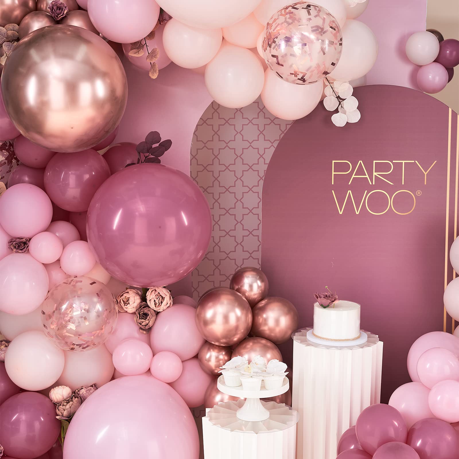 PartyWoo Dusty Rose Balloon Arch Kit, 140 pcs Pink Balloon Garland Kit, Rose Gold Balloons, Metallic Balloons for Dusty Pink Birthday Decorations Women, Bridal Shower, Wedding, Bachelorette Party