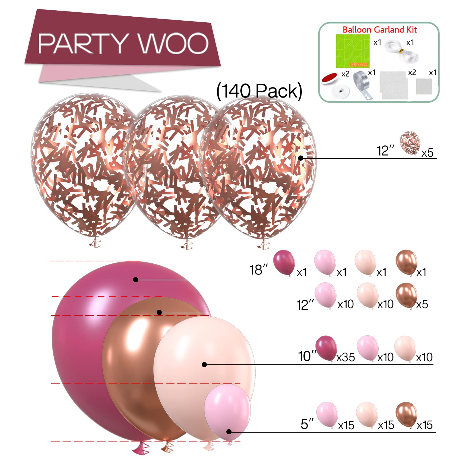 PartyWoo Dusty Rose Balloon Arch Kit, 140 pcs Pink Balloon Garland Kit, Rose Gold Balloons, Metallic Balloons for Dusty Pink Birthday Decorations Women, Bridal Shower, Wedding, Bachelorette Party