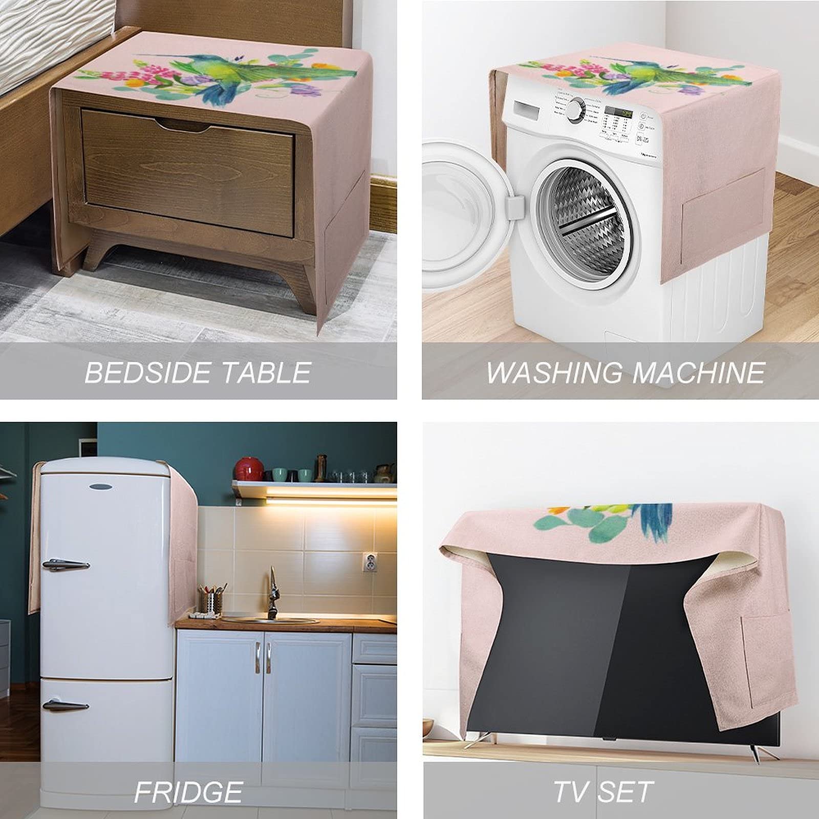 Hummingbird Flower Pattern Washing Machine Dryer Top Cover Refrigerator Fridge Dust-Proof Cover with Storage Pockets Bags Sunscreen Cover Kitchen Christmas Decor