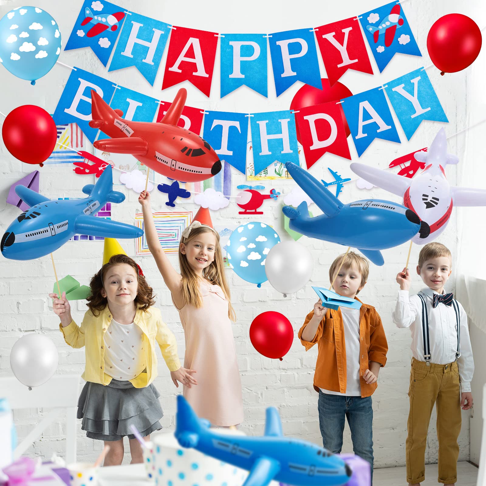 Airplane Birthday Party Supplies 56 Pieces Airplane Themed Party Decoration with Inflatable Airplane Balloons Thick Latex Balloon Happy Birthday Banners Kid Airplane Cloud Balloon Decor