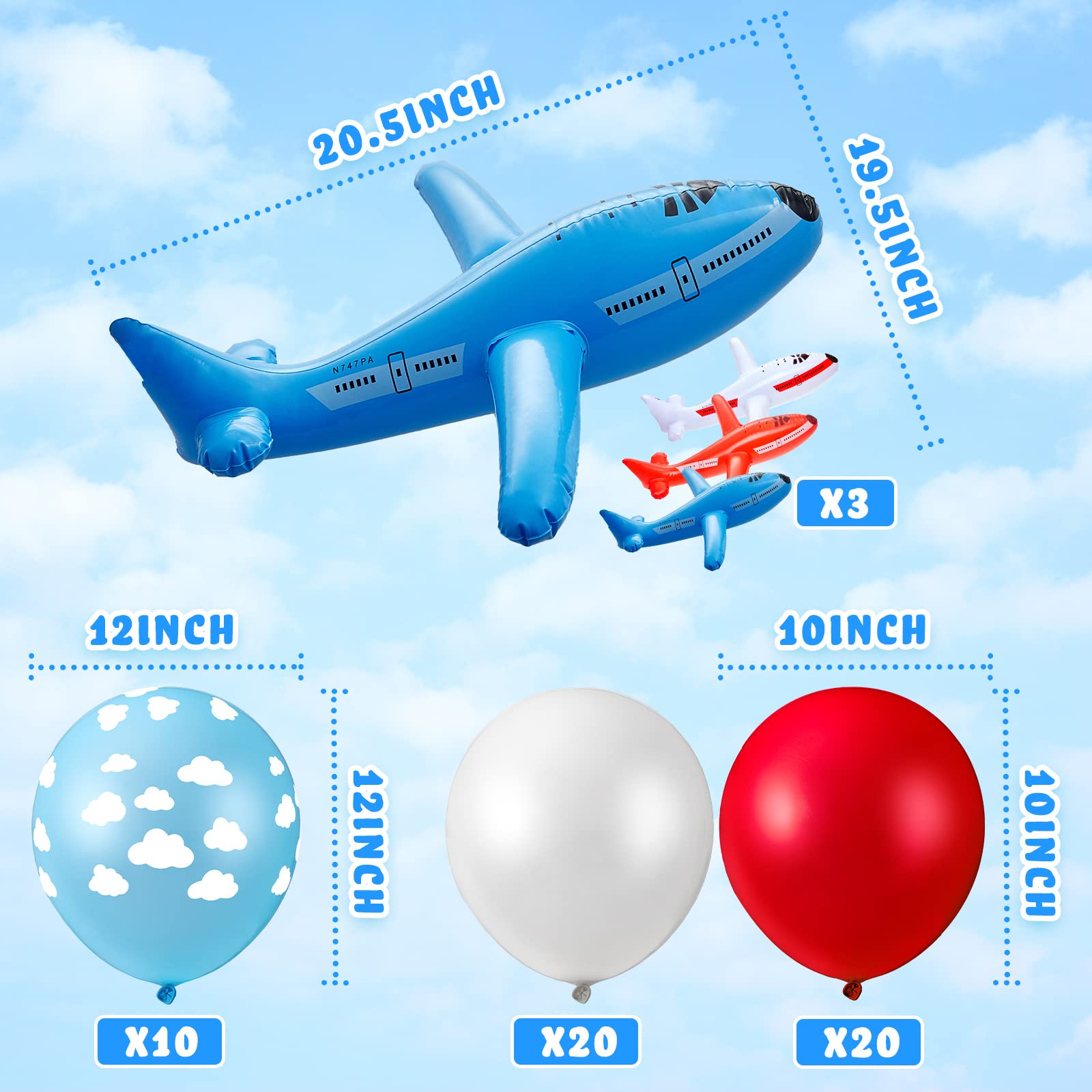 Airplane Birthday Party Supplies 56 Pieces Airplane Themed Party Decoration with Inflatable Airplane Balloons Thick Latex Balloon Happy Birthday Banners Kid Airplane Cloud Balloon Decor