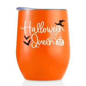 halloween decorations gifts for women teens adults, 12oz pumpkin inspired stemless wine water tumbler, funny gifts for halloween lovers or party's hostess, halloween party supplies - halloween queen