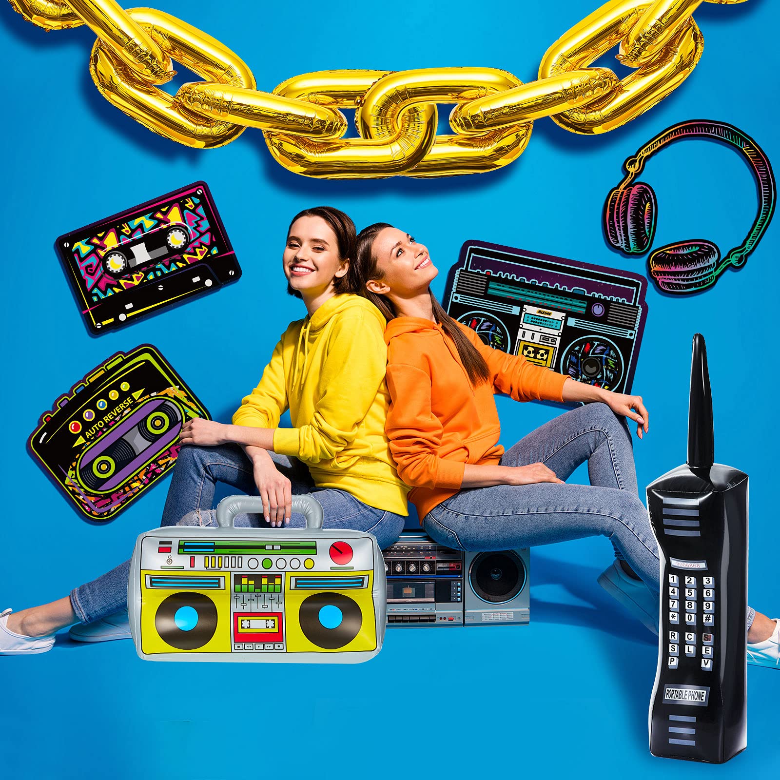 26 Pieces 80s 90s decorations Inflatable Radio Boombox Inflatable Mobile Phone Gold Inflatable Foil Chain Balloons 80s 90s Props Retro Cassette Headphones Player Cutouts for Hip Hop Party Decoration