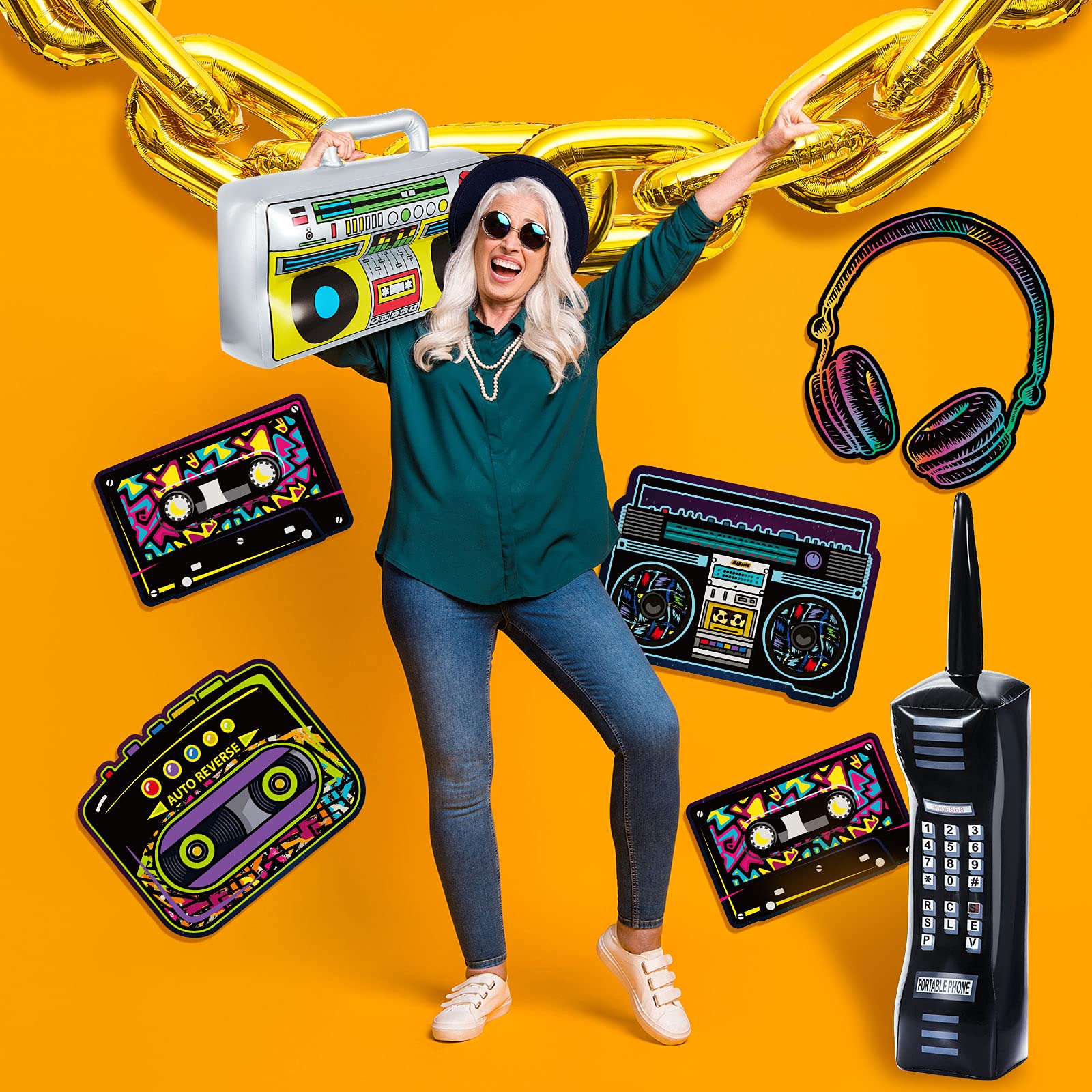 26 Pieces 80s 90s decorations Inflatable Radio Boombox Inflatable Mobile Phone Gold Inflatable Foil Chain Balloons 80s 90s Props Retro Cassette Headphones Player Cutouts for Hip Hop Party Decoration