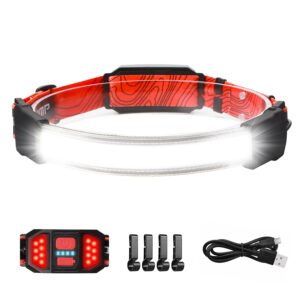 spriak led rechargeable headlamp, 1000lumens 230° widebeam headlight, usb rechargeable head lamp with red taillight, lightweight waterproof headlamps for camping running hiking, hard hat headlamp