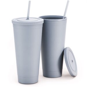 maars acrylic travel tumbler with lid and straw | 32oz premium insulated double wall xl plastic reusable cups - matte dusty blue, 2 pack