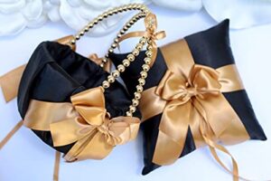 flower girl basket and ring bearer pillow set black gold wedding basket gold ring pillow wedding ring pillow gold pearl handle baske (black as picture, 2 baskets)