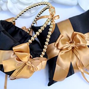 Flower Girl Basket and Ring Bearer Pillow Set Black Gold Wedding Basket Gold Ring Pillow Wedding Ring Pillow Gold Pearl Handle Baske (Black as Picture, 2 Baskets)