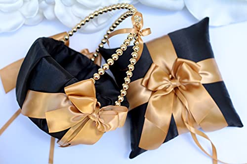 Flower Girl Basket and Ring Bearer Pillow Set Black Gold Wedding Basket Gold Ring Pillow Wedding Ring Pillow Gold Pearl Handle Baske (Black as Picture, 2 Baskets)