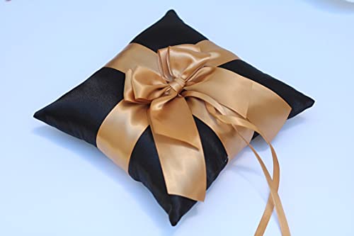 Flower Girl Basket and Ring Bearer Pillow Set Black Gold Wedding Basket Gold Ring Pillow Wedding Ring Pillow Gold Pearl Handle Baske (Black as Picture, 2 Baskets)