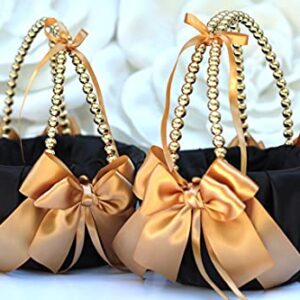 Flower Girl Basket and Ring Bearer Pillow Set Black Gold Wedding Basket Gold Ring Pillow Wedding Ring Pillow Gold Pearl Handle Baske (Black as Picture, 2 Baskets)