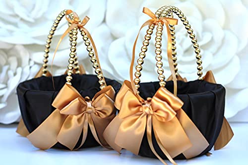 Flower Girl Basket and Ring Bearer Pillow Set Black Gold Wedding Basket Gold Ring Pillow Wedding Ring Pillow Gold Pearl Handle Baske (Black as Picture, 2 Baskets)