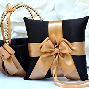 Flower Girl Basket and Ring Bearer Pillow Set Black Gold Wedding Basket Gold Ring Pillow Wedding Ring Pillow Gold Pearl Handle Baske (Black as Picture, 2 Baskets)