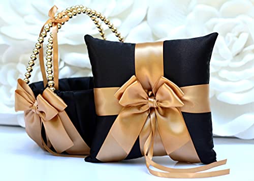 Flower Girl Basket and Ring Bearer Pillow Set Black Gold Wedding Basket Gold Ring Pillow Wedding Ring Pillow Gold Pearl Handle Baske (Black as Picture, 2 Baskets)