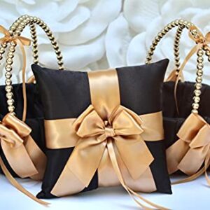 Flower Girl Basket and Ring Bearer Pillow Set Black Gold Wedding Basket Gold Ring Pillow Wedding Ring Pillow Gold Pearl Handle Baske (Black as Picture, 2 Baskets)