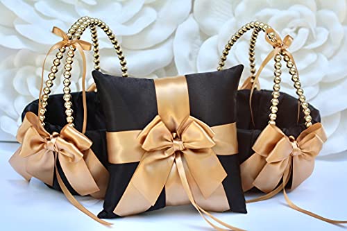 Flower Girl Basket and Ring Bearer Pillow Set Black Gold Wedding Basket Gold Ring Pillow Wedding Ring Pillow Gold Pearl Handle Baske (Black as Picture, 2 Baskets)