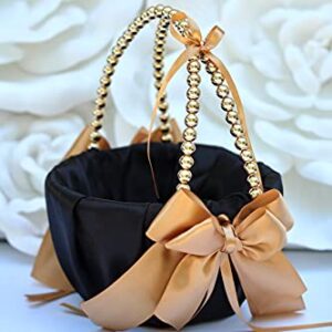 Flower Girl Basket and Ring Bearer Pillow Set Black Gold Wedding Basket Gold Ring Pillow Wedding Ring Pillow Gold Pearl Handle Baske (Black as Picture, 2 Baskets)