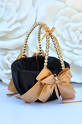 Flower Girl Basket and Ring Bearer Pillow Set Black Gold Wedding Basket Gold Ring Pillow Wedding Ring Pillow Gold Pearl Handle Baske (Black as Picture, 2 Baskets)