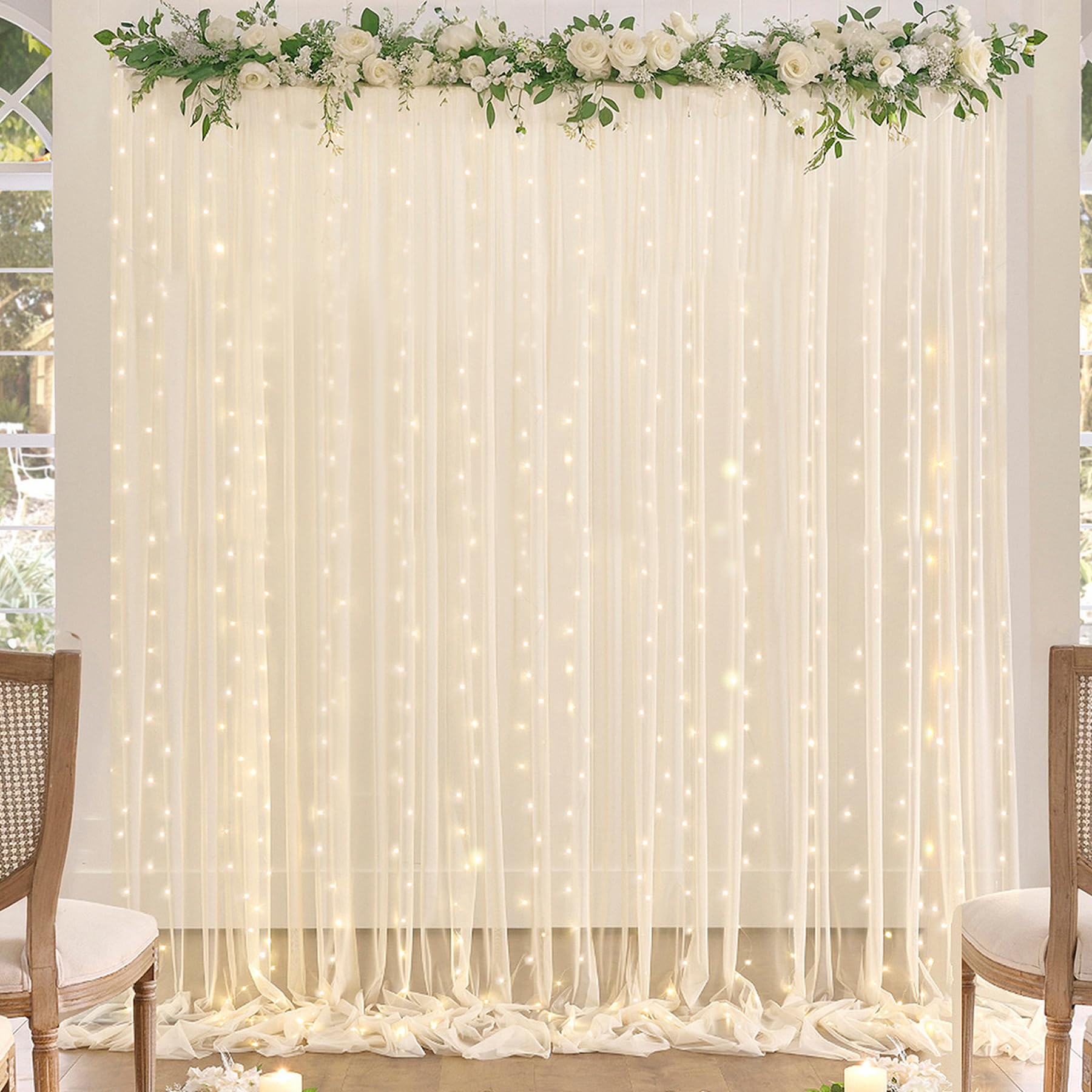 Champagne Backdrop Curtains with Lights String for Wedding Parties 10×10ft Sheer Tulle Backdrop Curtain for Bridal Shower Baby Shower Birthday Party Photo Shoot Background Decorations 2 Panels 5×10ft