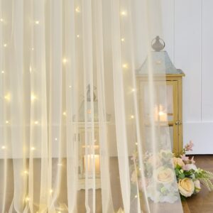 Champagne Backdrop Curtains with Lights String for Wedding Parties 10×10ft Sheer Tulle Backdrop Curtain for Bridal Shower Baby Shower Birthday Party Photo Shoot Background Decorations 2 Panels 5×10ft