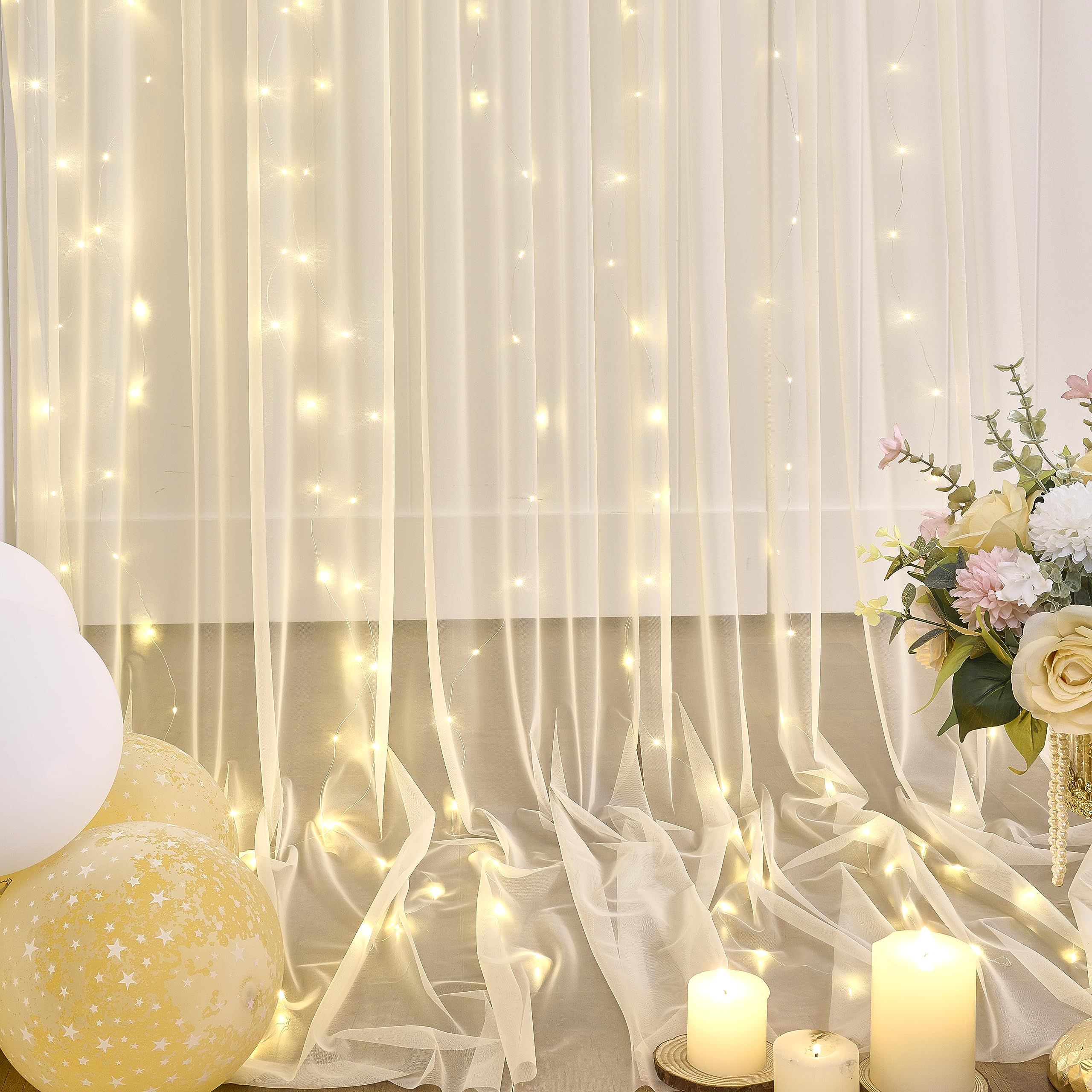 Champagne Backdrop Curtains with Lights String for Wedding Parties 10×10ft Sheer Tulle Backdrop Curtain for Bridal Shower Baby Shower Birthday Party Photo Shoot Background Decorations 2 Panels 5×10ft