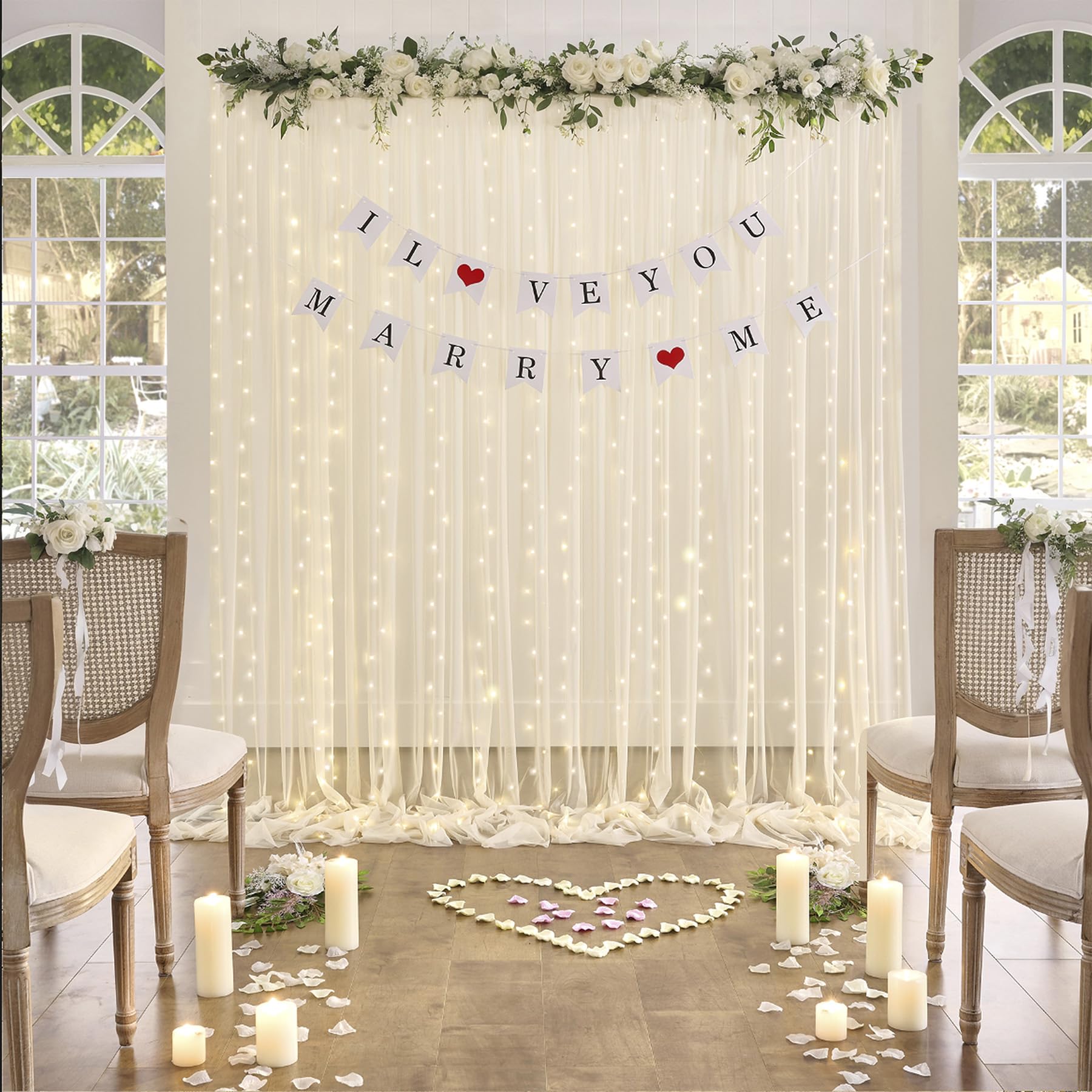 Champagne Backdrop Curtains with Lights String for Wedding Parties 10×10ft Sheer Tulle Backdrop Curtain for Bridal Shower Baby Shower Birthday Party Photo Shoot Background Decorations 2 Panels 5×10ft