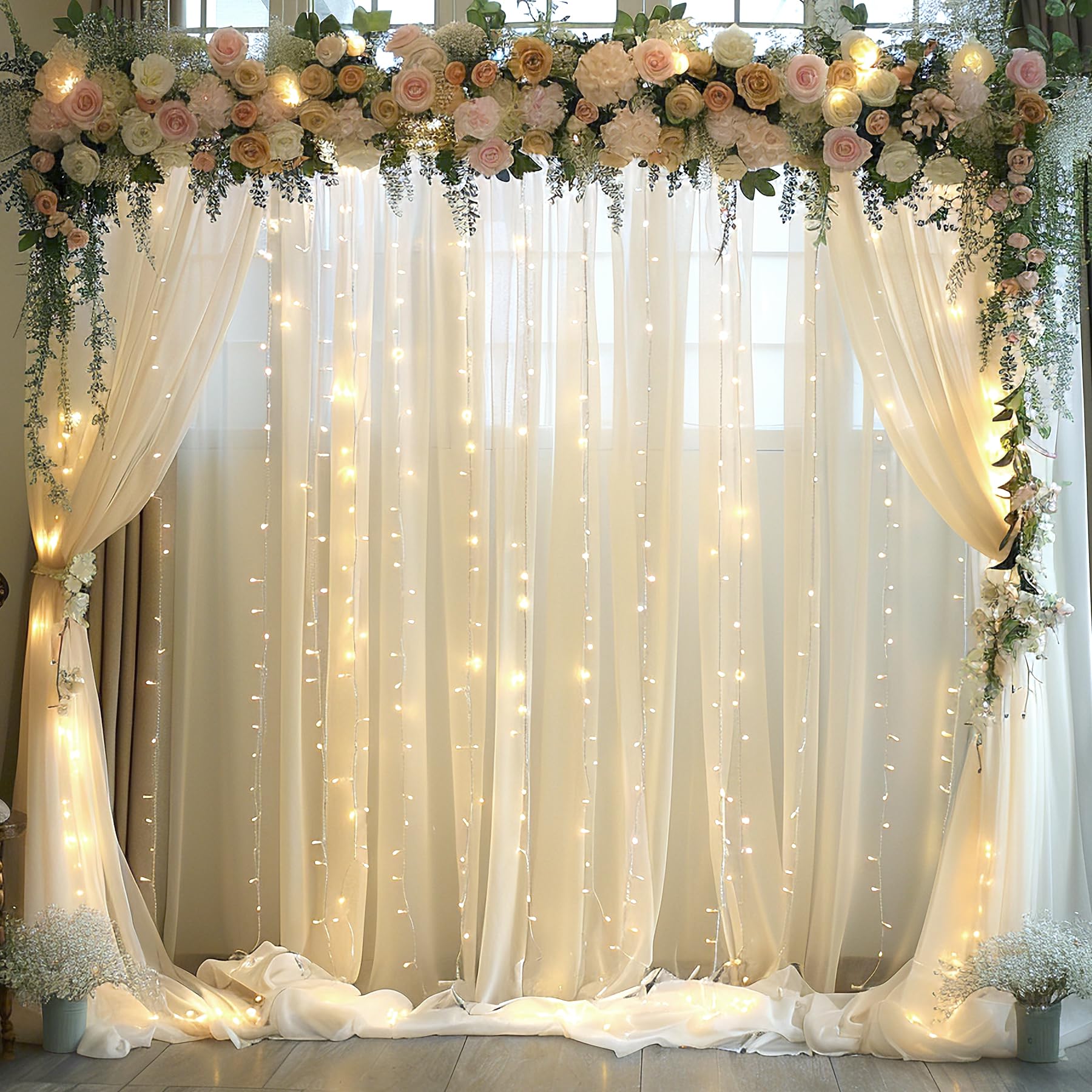 Champagne Backdrop Curtains with Lights String for Wedding Parties 10×10ft Sheer Tulle Backdrop Curtain for Bridal Shower Baby Shower Birthday Party Photo Shoot Background Decorations 2 Panels 5×10ft