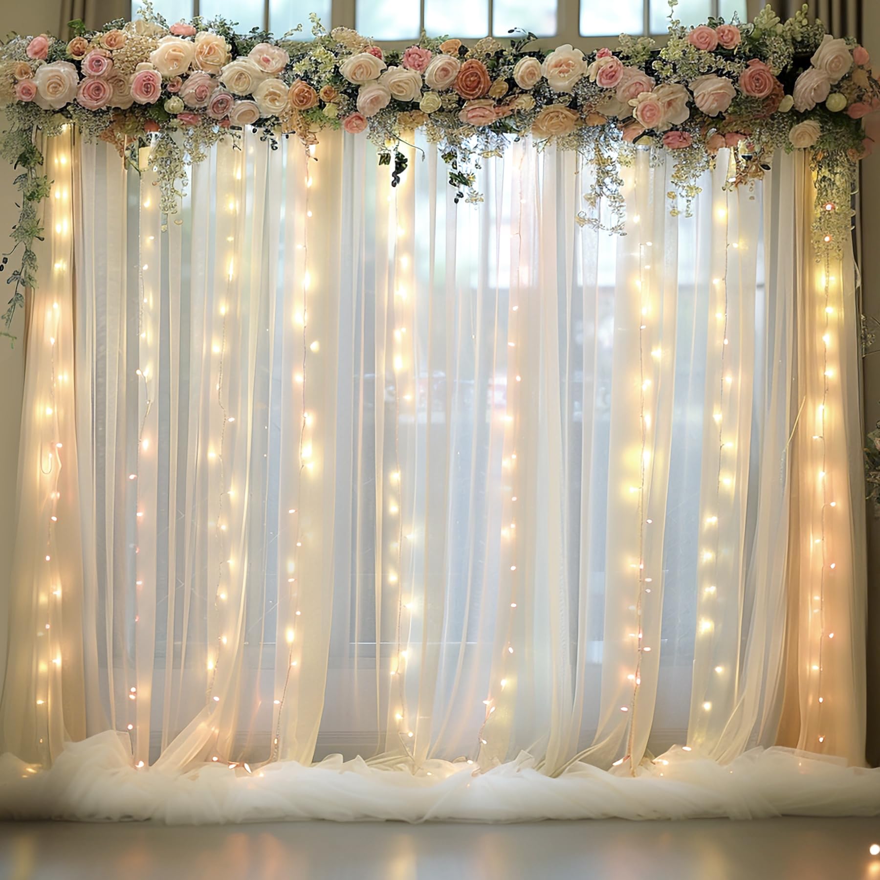 Champagne Backdrop Curtains with Lights String for Wedding Parties 10×10ft Sheer Tulle Backdrop Curtain for Bridal Shower Baby Shower Birthday Party Photo Shoot Background Decorations 2 Panels 5×10ft