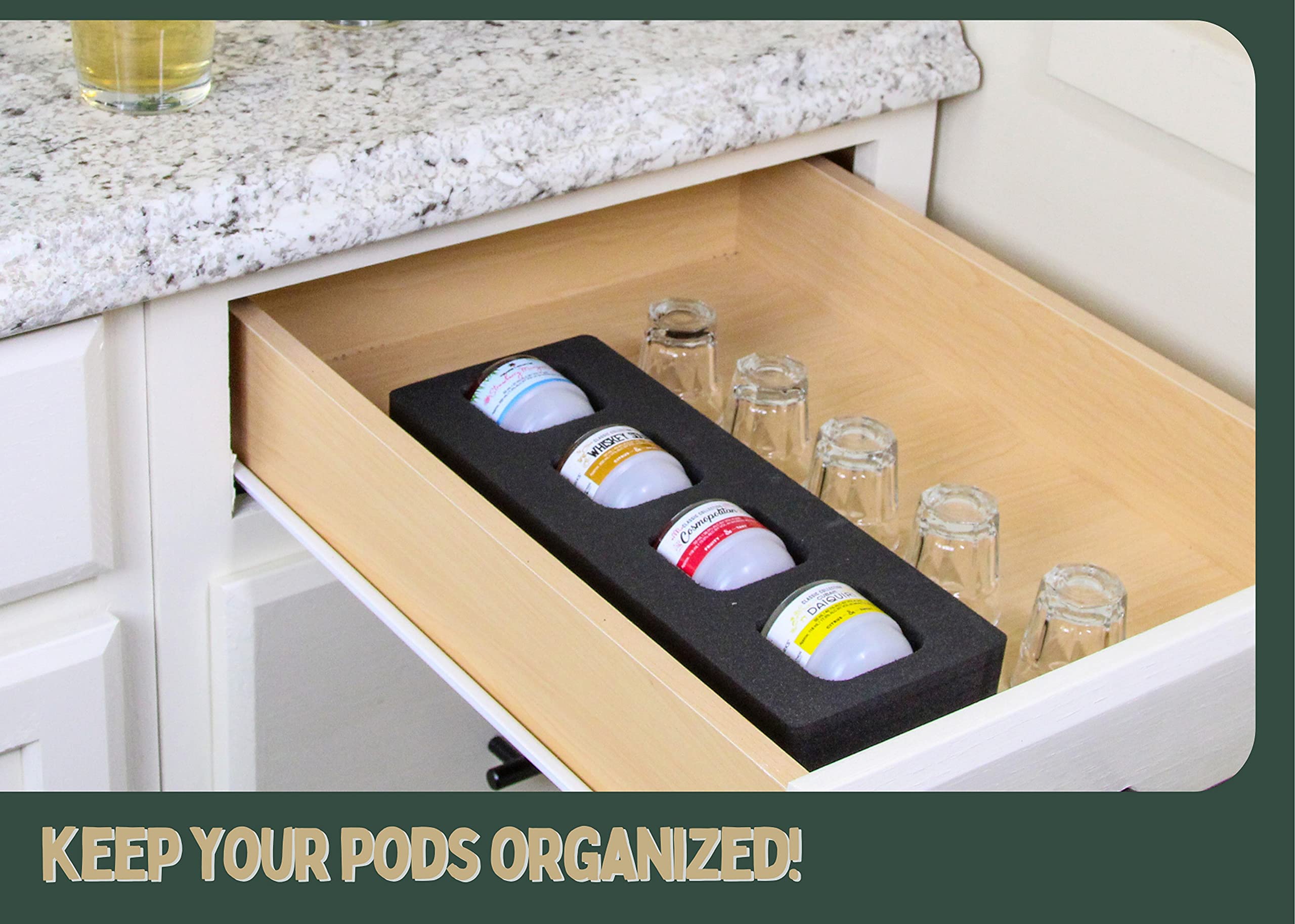 Polar Whale 2 Cocktail Capsule Drawer Organizers Tray Insert Compatible with Keurig DrinkWorks Pods for Kitchen Home Bar Party Waterproof Washable Black Foam 4 Compartment 4.5 x 11.75 Inches