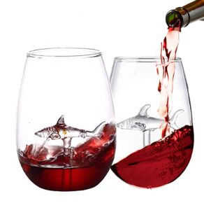 shark wine glass, premium crystal glasses with shark inside shark stemless wine glass, for birthday anniversary wedding party christmas father's day perfect for red and white wines（set of 2）