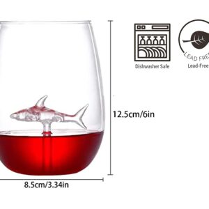 Shark Wine Glass, Premium Crystal Glasses with Shark Inside Shark Stemless Wine Glass, for Birthday Anniversary Wedding Party Christmas Father's Day Perfect for Red and White Wines（Set of 2）