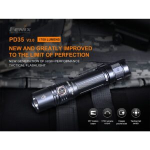 Fenix PD35 v3.0 Rechargeable Tactical Flashlight, 1700 Lumens EDC with Battery and LumenTac Organizer (Black)