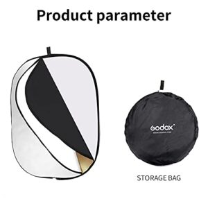 Godox 40"x60"/100x150cm Collapsible Photography Light Reflector, 5-in-1 Oval Multi Disc Diffuser with Carrying Bag - Gold, Silver, Black, White, Translucent for Studio Outdoor Lighting