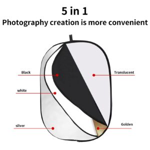 Godox 40"x60"/100x150cm Collapsible Photography Light Reflector, 5-in-1 Oval Multi Disc Diffuser with Carrying Bag - Gold, Silver, Black, White, Translucent for Studio Outdoor Lighting