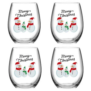 futtumy christmas gift, merry christmas snowmen stemless wine glass for men women dad mom friend family, funny 15oz snowman wine glass for christmas, set of 4