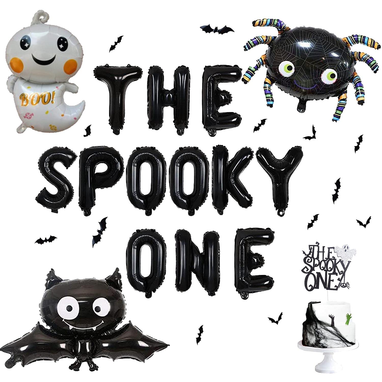 Halloween Themed 1st Birthday Party Decorations The Spooky One Balloon Cake Topper Lovely Spider Ghost Bat Foil Balloon for Halloween Boy Girl First Birthday