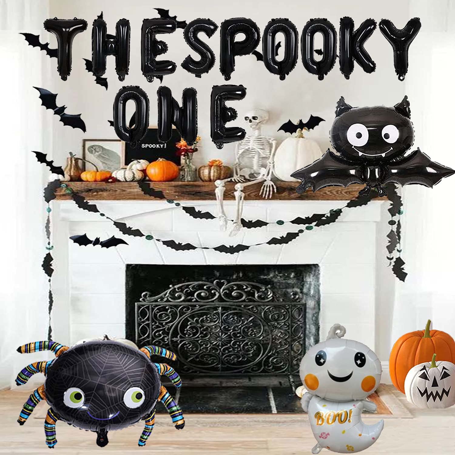 Halloween Themed 1st Birthday Party Decorations The Spooky One Balloon Cake Topper Lovely Spider Ghost Bat Foil Balloon for Halloween Boy Girl First Birthday