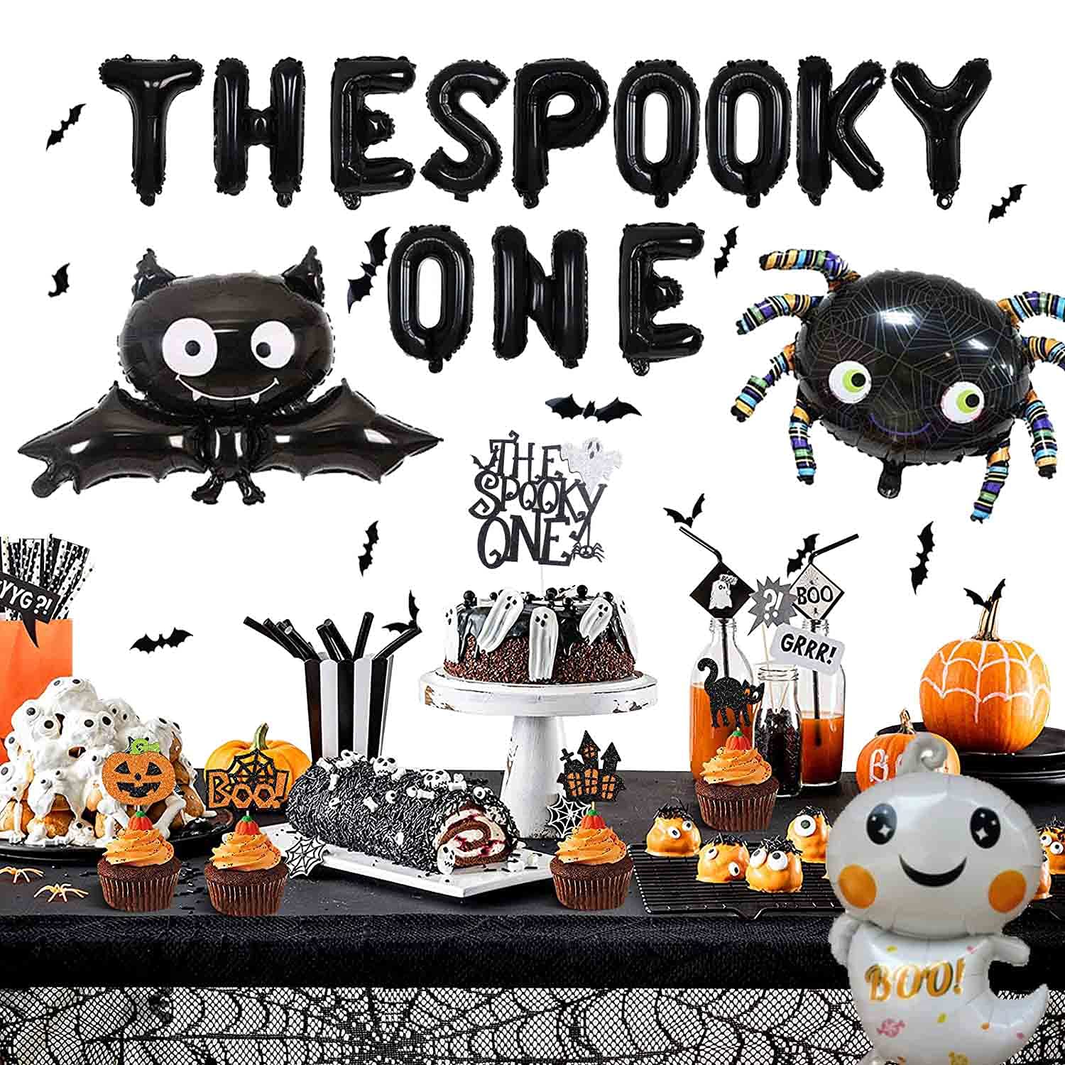 Halloween Themed 1st Birthday Party Decorations The Spooky One Balloon Cake Topper Lovely Spider Ghost Bat Foil Balloon for Halloween Boy Girl First Birthday