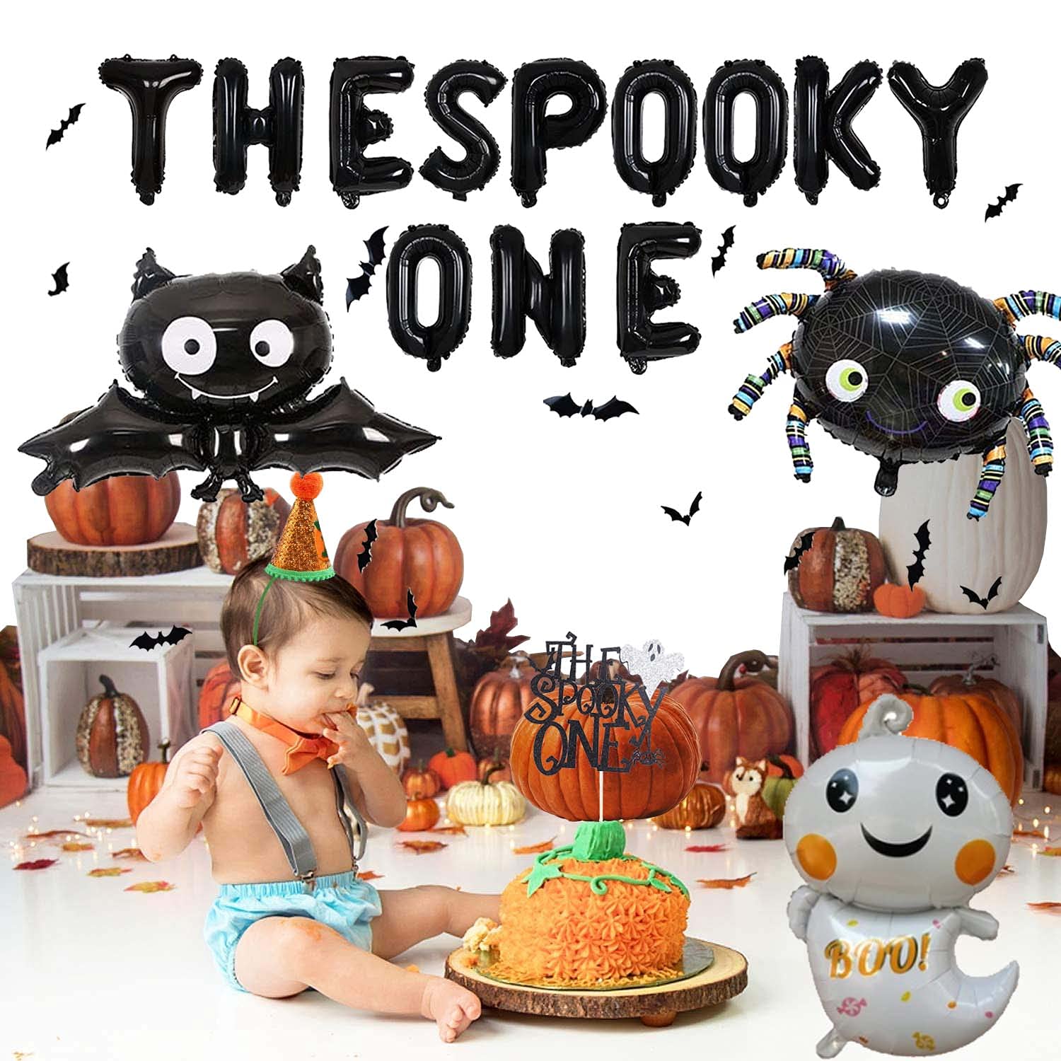 Halloween Themed 1st Birthday Party Decorations The Spooky One Balloon Cake Topper Lovely Spider Ghost Bat Foil Balloon for Halloween Boy Girl First Birthday